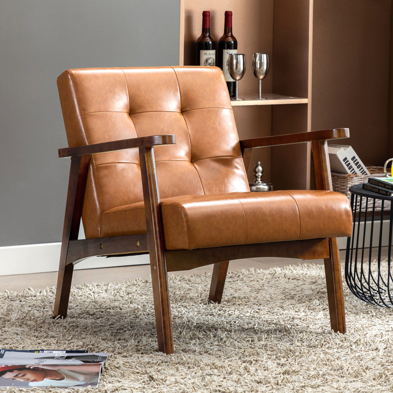 17 Stories Havva Faux Leather Armchair Fabric OR Leather Type Caramel Faux Leather Accent Chairs